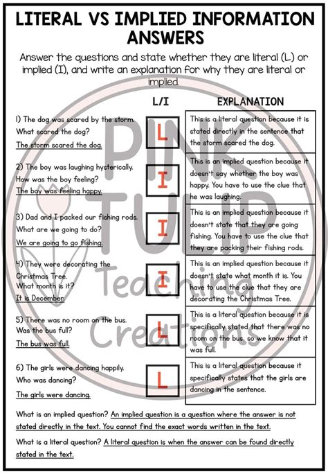 Implied Vs Literal Questions Worksheets With Answers Etsy