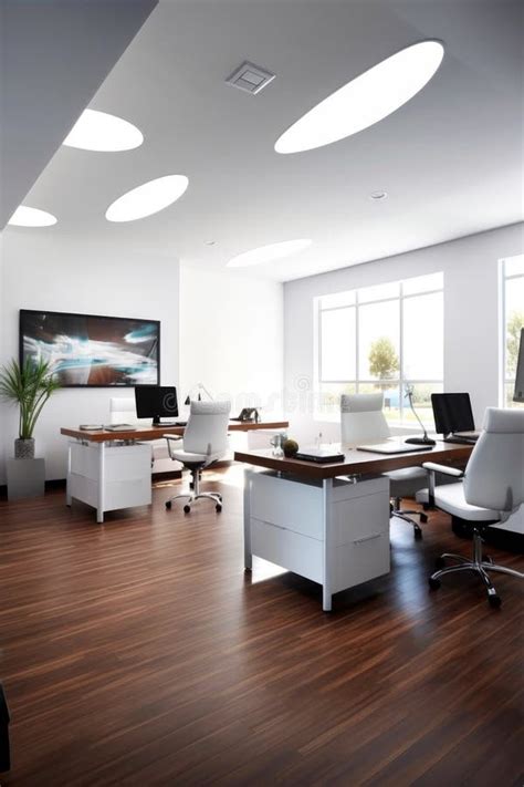 Modern Office Interior With Sleek Desks And Chairs Stock Illustration Illustration Of