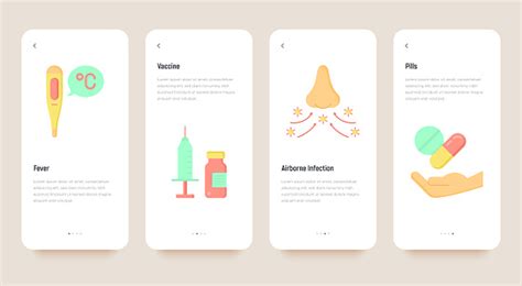 평면 아이콘코로나바이러스 모바일 사용자 인터페이스 증상 및 예방 발열 백신 공중 감염 알약을 얻는 벡터 일러스트레이션 복사