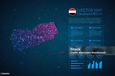 예멘 지도 인포그래픽 템플릿은 다이어그램 그래프 프리젠테이션 및 차트에 파란색 배경에 추상적인 기하학적 메쉬 다각형 조명 개념이 있다 0명에 대한 스톡 벡터 아트 및 기타