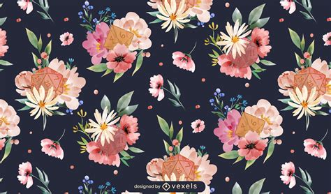 Watercolor Roleplay Dice And Flowers Pattern Design Vector Download