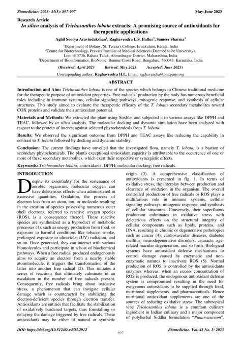 Pdf In Silico Analysis Of Trichosanthes Lobata Extracts A Promising Source Of Antioxidants