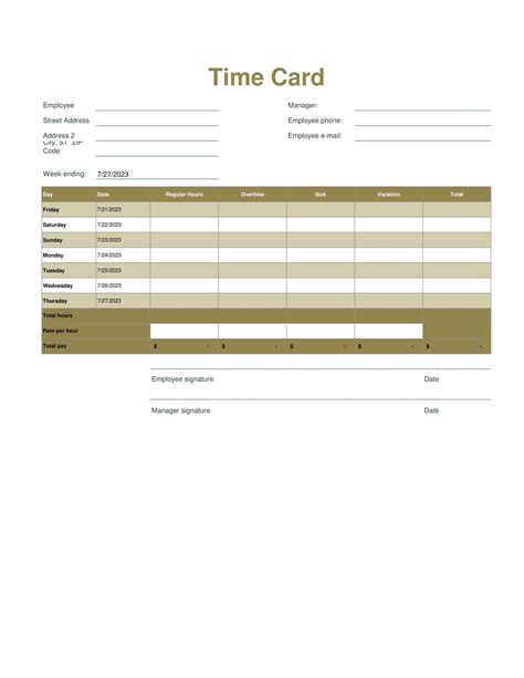 Free Printable Time Card Templates Excel Google Sheets Word