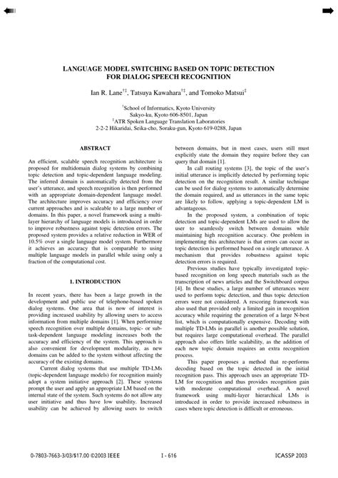 Pdf Language Model Switching Based On Topic Detection For Dialog