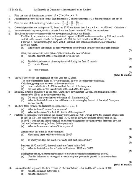 Ib Math Sl Arithmetic Geometric Sequences Series Review Pdf Interest Summation