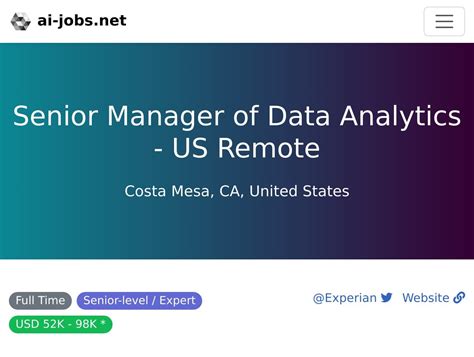 Hiring Senior Manager Of Data Analytics Us Remote In Costa Mesa Ca