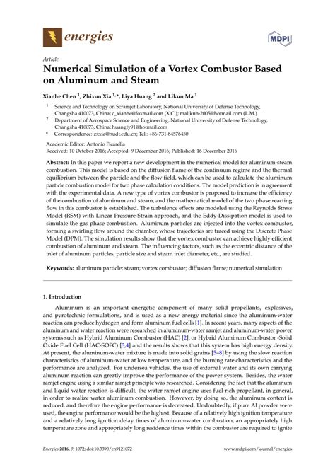 Pdf Numerical Simulation Of A Vortex Combustor Based On Aluminum And