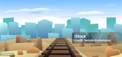 수평선에서 도시로 가는 철도 트랙 도로 사막과 돌 멀리가는 기차의 경로 레일과 침목 만화 재미있는 스타일 플랫 디자인 벡터