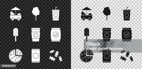 패스트 스트리트 푸드 카트 면 사탕 빨대가있는 종이 유리 피자 소다 사탕 아이스크림 및 커피 컵 이동 아이콘을 설정합니다 벡터 3차원 형태에 대한 스톡 벡터 아트 및 기타
