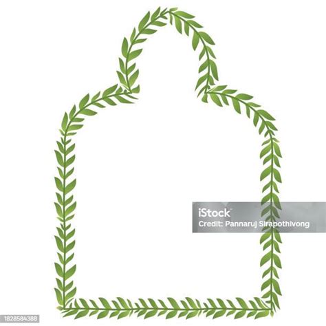 뾰족한 Trefoil 아치 녹색 잎 프레임 건축 창 문 녹색 잎 벡터 꽃 프레임 화 환 꽃 잎 단풍 나뭇잎 식물 월계수 꽃 자연 장식 결혼 기념일 축 하 아름 다운 아라비아