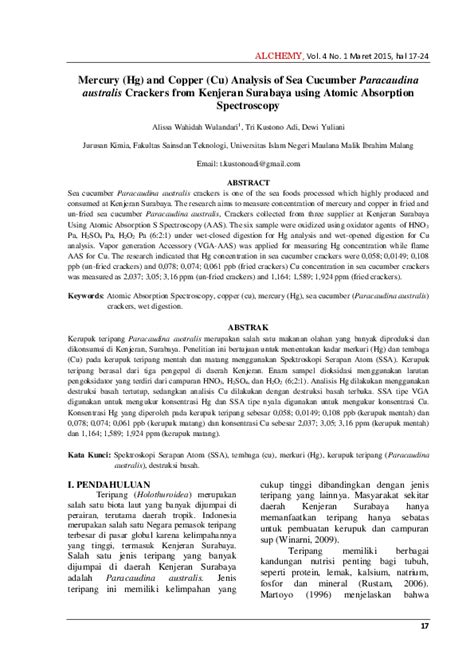 Pdf Mercury Hg And Copper Cu Analysis Of Sea Cucumber Paracaudina