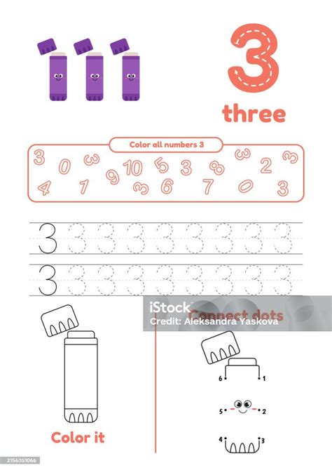 아이들을 위한 교육용 게임을 한 페이지에 담았습니다 컬러 페이지 점 대 점 추적 3번 배우기 0명에 대한 스톡 벡터 아트 및
