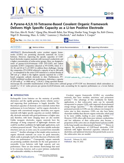 Pdf A Pyrene 45910 Tetraone Based Covalent Organic Framework