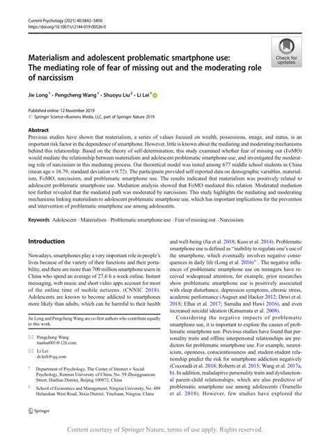 Materialism And Adolescent Problematic Smartphone Use The Mediating Role Of Fear Of Missing Out