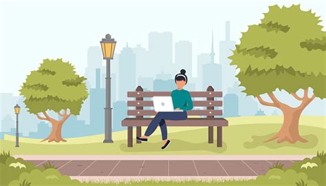 벤치에 있는 공원에 앉아 노트북을 가지고 일하는 젊은 여성 소셜 네트워킹 및 친구에게 문자 메시지의 플랫 모던 일러스트 노트북에 대한 스톡 벡터 아트 및 기타 이미지