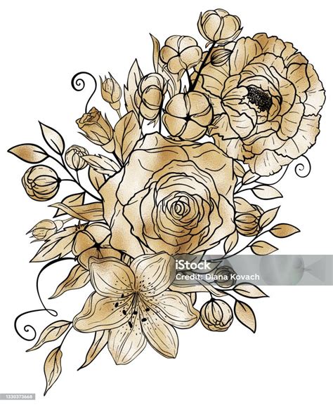 꽃과 잎의 손으로 그린 금 꽃다발 모란 장미 백합 면 원소 꽃 여름 벡터 컬렉션 장식 구성 인사말 카드 결혼 초대에 대한 일러스트 개체 그룹에 대한 스톡 벡터 아트 및 기타