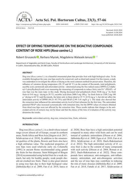 Pdf Effect Of Drying Temperature On The Bioactive Compounds Content Of Rose Hips Rosa Canina L