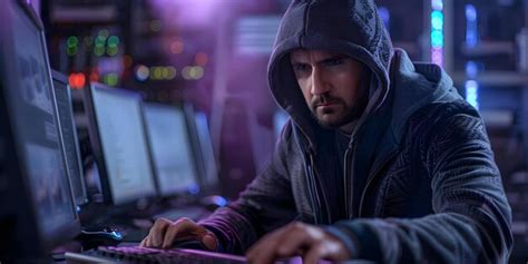 Man In Hood Seen Engaging In Cybercrime Surrounded By Computers Concept Cybercrime Computer