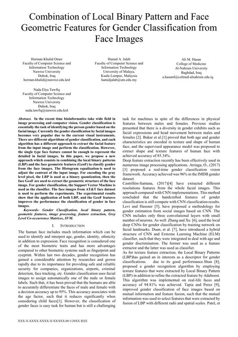 PDF Combination Of Local Binary Pattern And Face Geometric Features For Gender Classification