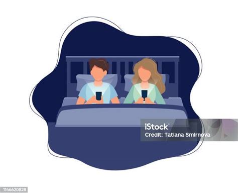 커플 밤에 전화와 침대에 누워 수 면 방해 중독 관계 문제에 대 한 개념 그림 평면 만화 스타일에서 벡터 일러스트 레이 션 침대에 대한 스톡 벡터 아트 및 기타 이미지