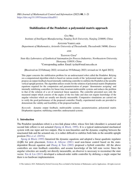 Pdf Stabilization Of The Pendubot A Polynomial Matrix Approach