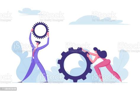 기어와 비즈니스 문자입니다 사업가와 아이콘과 기어 기어를 들고 사업가 팀워크 개발 유지 보수 개념입니다 벡터 만화 일러스트 레이 션 동업에 대한 스톡 벡터 아트 및 기타