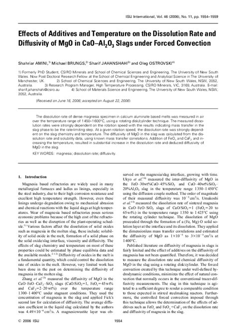 Pdf Effects Of Additives And Temperature On The Dissolution Rate And Diffusivity Of Mgo In Cao