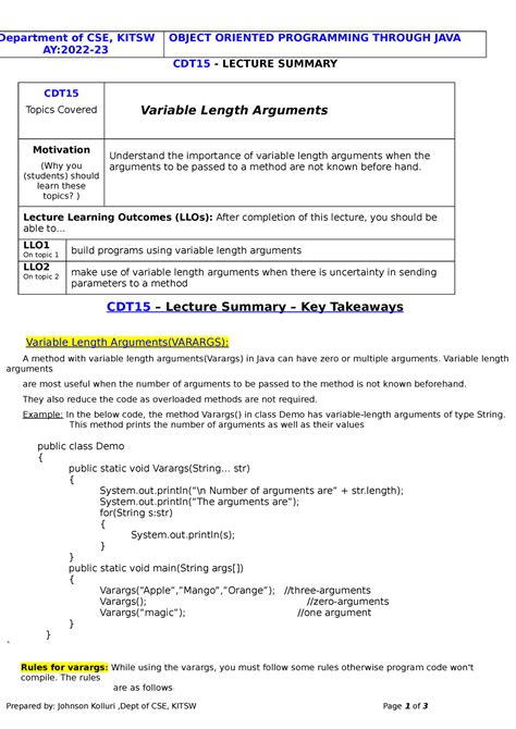 Oopj Cdt15 Cse 3 Important Notes Of Cse Kitsw Ay2022 Object