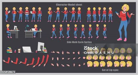 아름다운 금발 머리 소녀 학생 캐릭터 디자인 모델 시트 워크 사이클 애니메이션 소녀 캐릭터 디자인 및 턴어라운드 벡터 등장인물에 대한 스톡 벡터 아트 및 기타 이미지