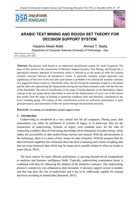 Arabic Text Mining And Rough Set Theory For Decision Support System Pdf