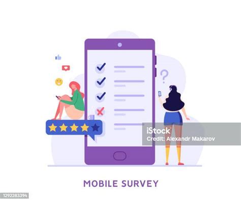 모바일 설문조사 전화 응답을 선택하거나 설문 조사 양식에서 피드백과 의견을 제공하는 사람들 고객 피드백 품질 테스트 체크리스트 고객 검토의 개념 웹 디자인에 대한 벡터 그림
