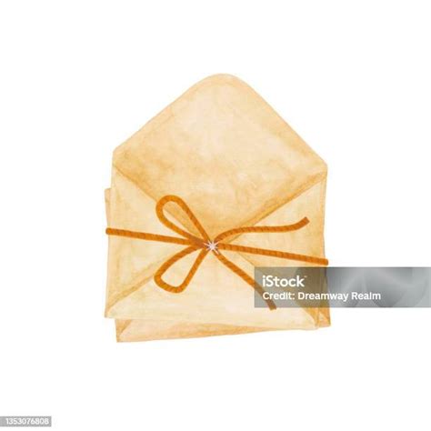 수채화로 그려진 로프 활으로 묶인 빈 공예 용지 봉투를 엽니다 갈색 용지에 대한 스톡 벡터 아트 및 기타 이미지 갈색 용지 고풍스런 구도 Istock