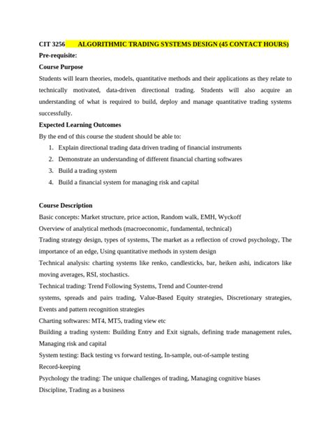 Cit 3256 Algorithmic Trading Systems Design Course Outline Pdf Algorithmic Trading