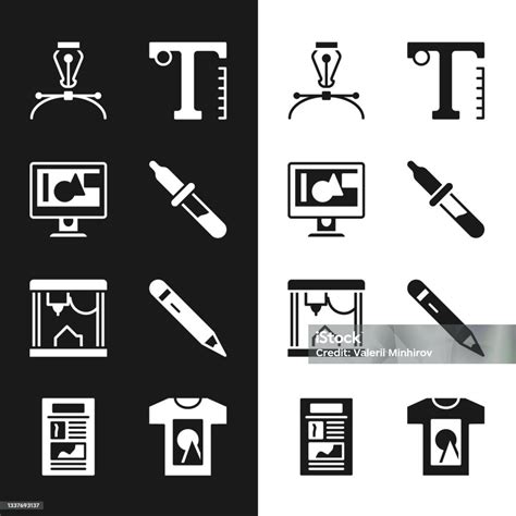 파이펫 컴퓨터 모니터 화면 만년필 펜촉 텍스트 3d 프린터 지우개 연필 티셔츠 및 뉴스 아이콘을 설정합니다 벡터 건강 검진에 대한 스톡 벡터 아트 및 기타 이미지 Istock