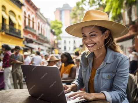 Premium Ai Image Woman From Colombia Working On A Laptop In A Vibrant
