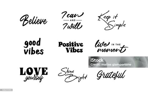 동기 부여 따옴표 손으로 쓴 영감의 메시지 세트 붓글씨 글자 긍정적 인 문구 긍정적인 감정 표현에 대한 스톡 벡터 아트 및 기타