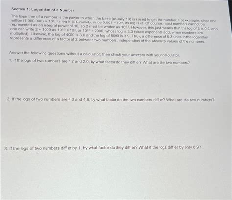 Solved Section 1 Logarithm Of A NumberThe Logarithm Of A Chegg Com