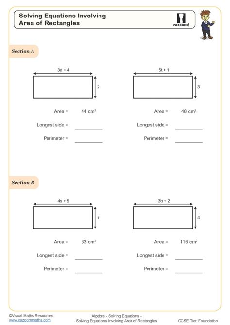 Solving Equations Involving Area Of Rectangles Worksheet Cazoom Maths