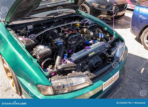 Detail Of An Improved Gasoline Engine Of Green Nissan Silvia S14 With Open Hood Editorial Image