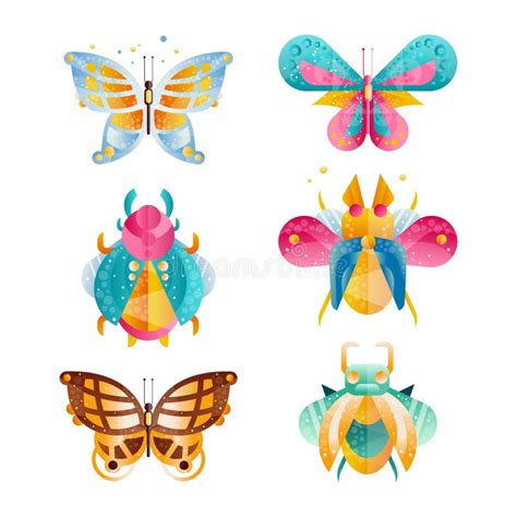 Bugs Beetles And Butterfly Colorful Insect With Wings And Symmetrical