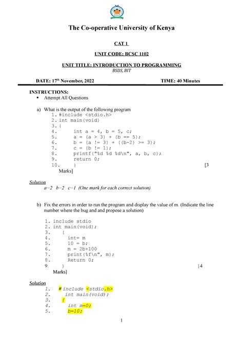 Bcse 1102 Introduction To Programming Cat G1 Marking Scheme The Co