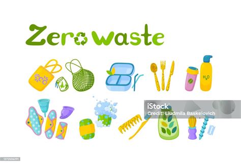 폐기물 제로 세트 재활용 및 재사용 가능한 품목의 상징입니다 거절 감소 재사용 및 녹색으로 이동합니다 벡터 일러스트레이션 0에 대한 스톡 벡터 아트 및 기타 이미지 Istock