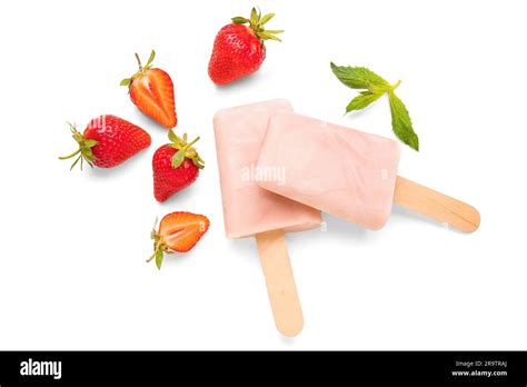 Sweet Strawberry Ice Cream Popsicles On White Background Stock Photo