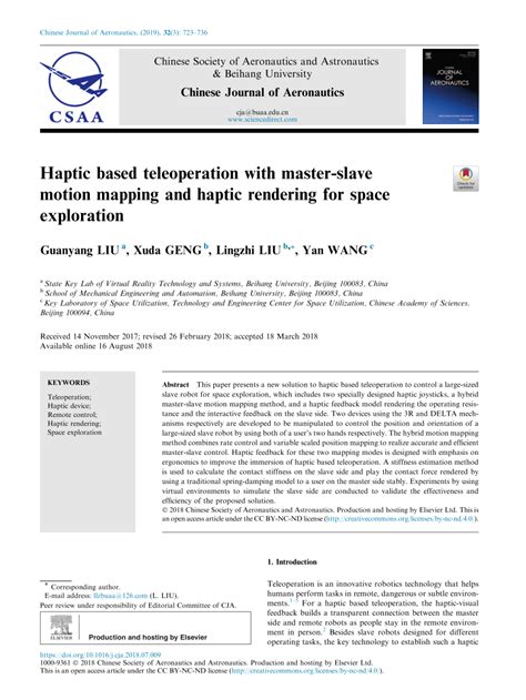 Pdf Haptic Based Teleoperation With Master Slave Motion Mapping And