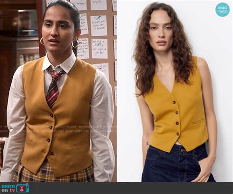 Wornontv Belas Yellow Waistcoat And White Button Down Shirt On The Sex Lives Of College Girls