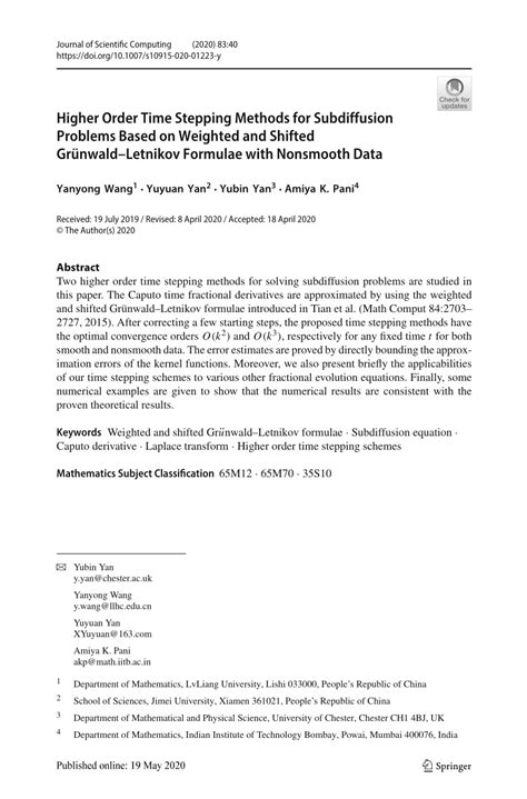 Pdf Higher Order Time Stepping Methods For Subdiffusion Problems Based On Weighted And Shifted
