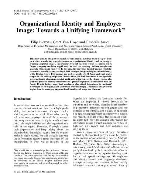Pdf Organizational Identity And Employer Image Towards A Unifying