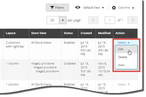 how is a row s actions dropdown implemented on the backend cms pages