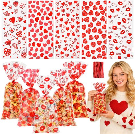 Meezy 100 Pcs Valentines Goodie Bags Red Heart Cellophane