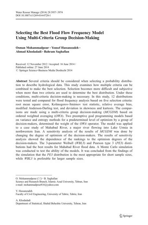 Pdf Selecting The Best Flood Flow Frequency Model Using Multi Criteria Group Decision Making